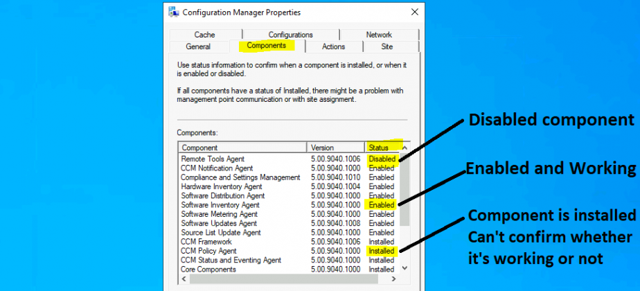 Configmgr Client Component Status Installed Enabled Disabled Sccm Configuration