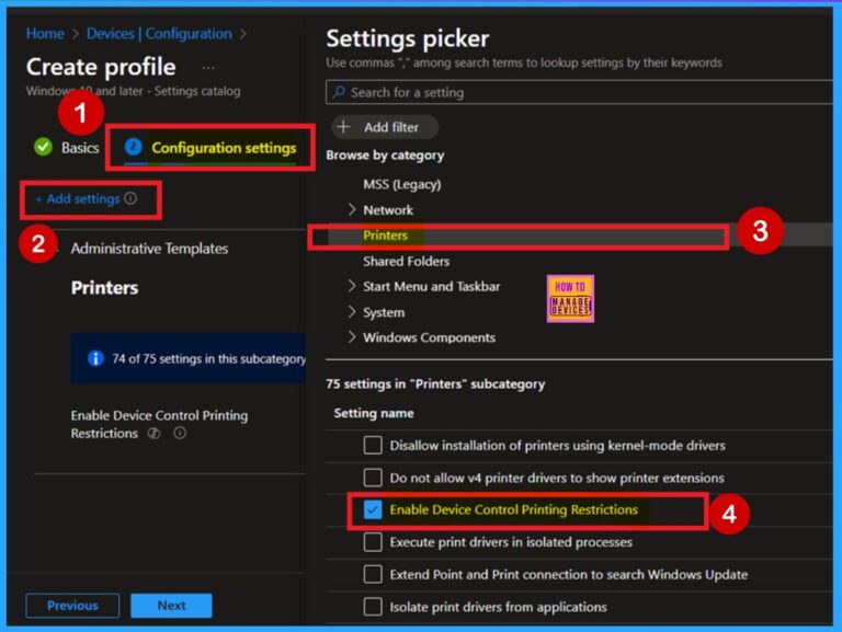 Enable Disable Device Control Printing Restrictions Policy Using Intune ...